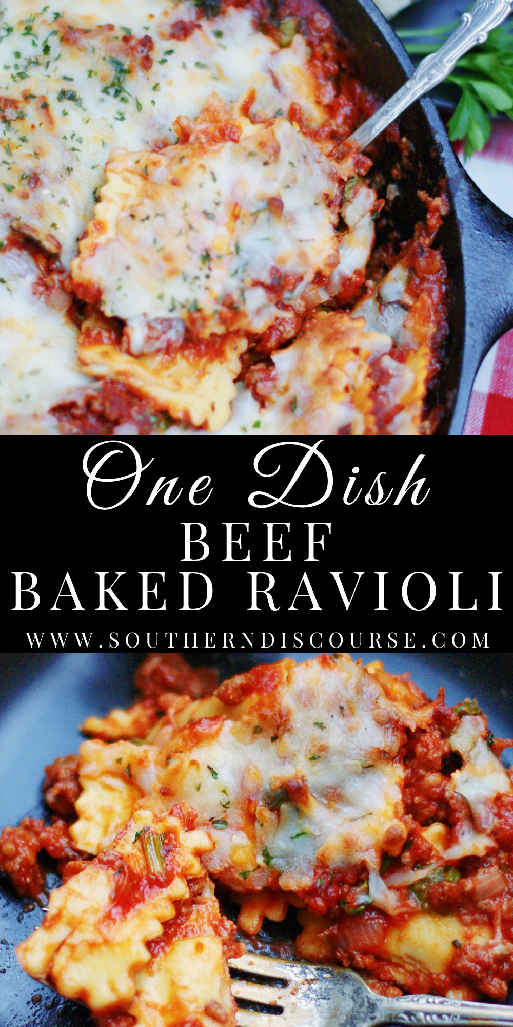 One Dish Beefy Baked Ravioli - Southern Discourse