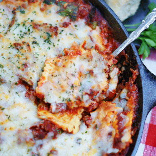 One Dish Beefy Baked Ravioli - Southern Discourse