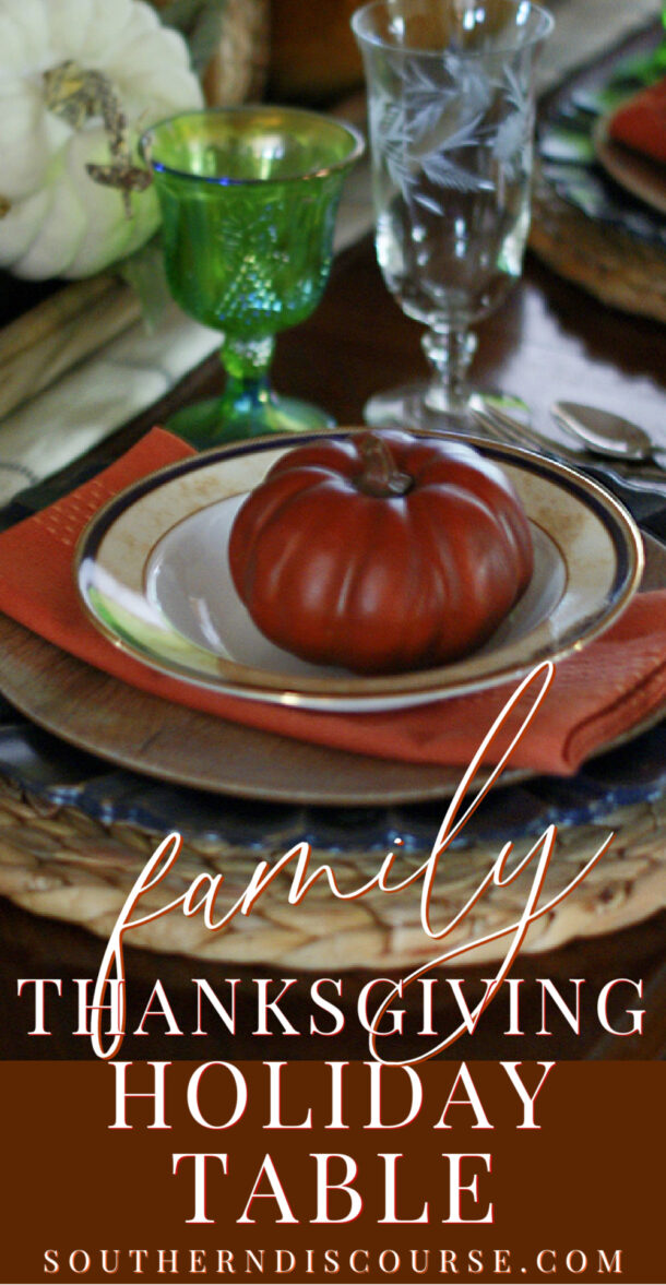 Thanksgiving Table Setting with Navy & Pumpkins - Southern Discourse