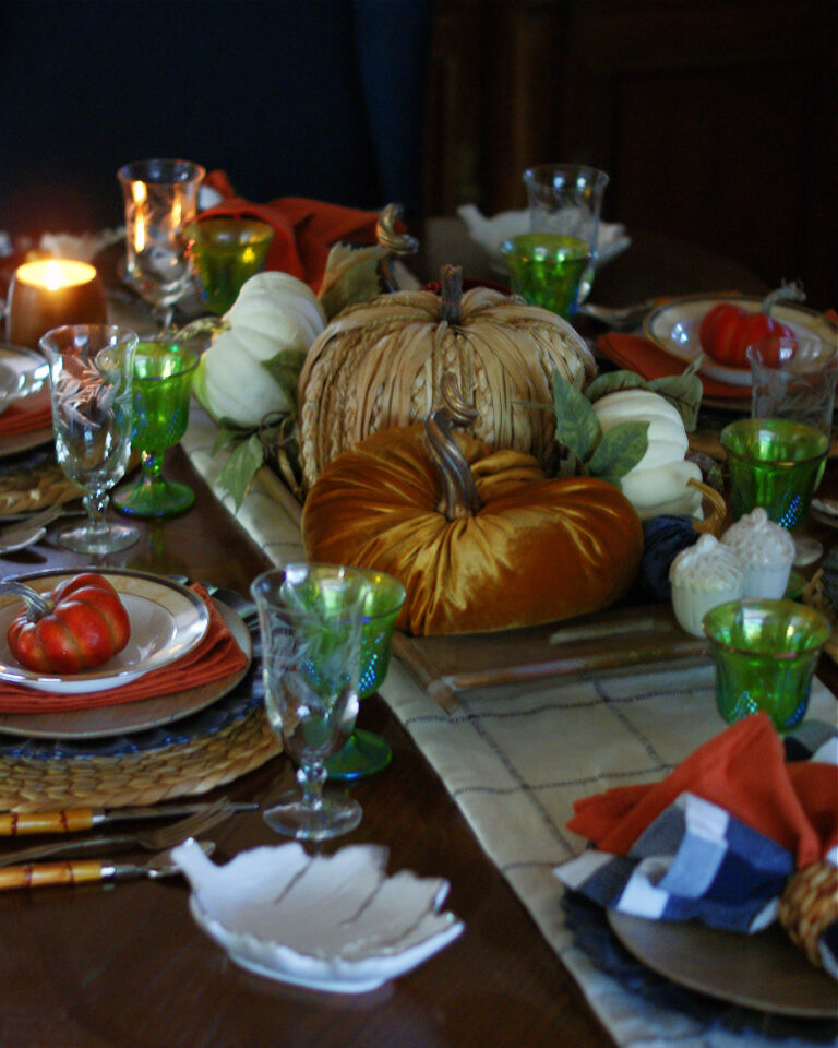 Thanksgiving Table Setting with Navy & Pumpkins - Southern Discourse